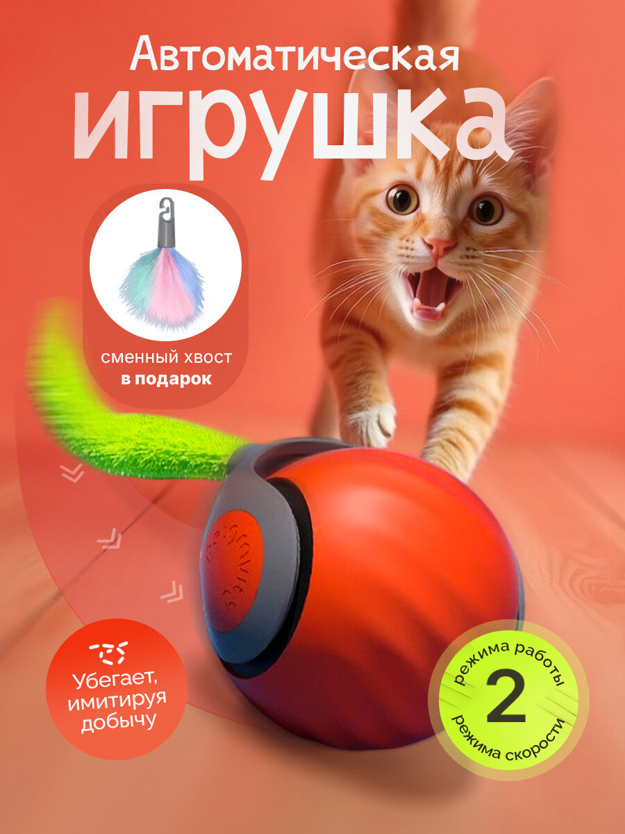 Игрушка для кошек интерактивная, умный мячик с хвостиком, дразнилка для котят