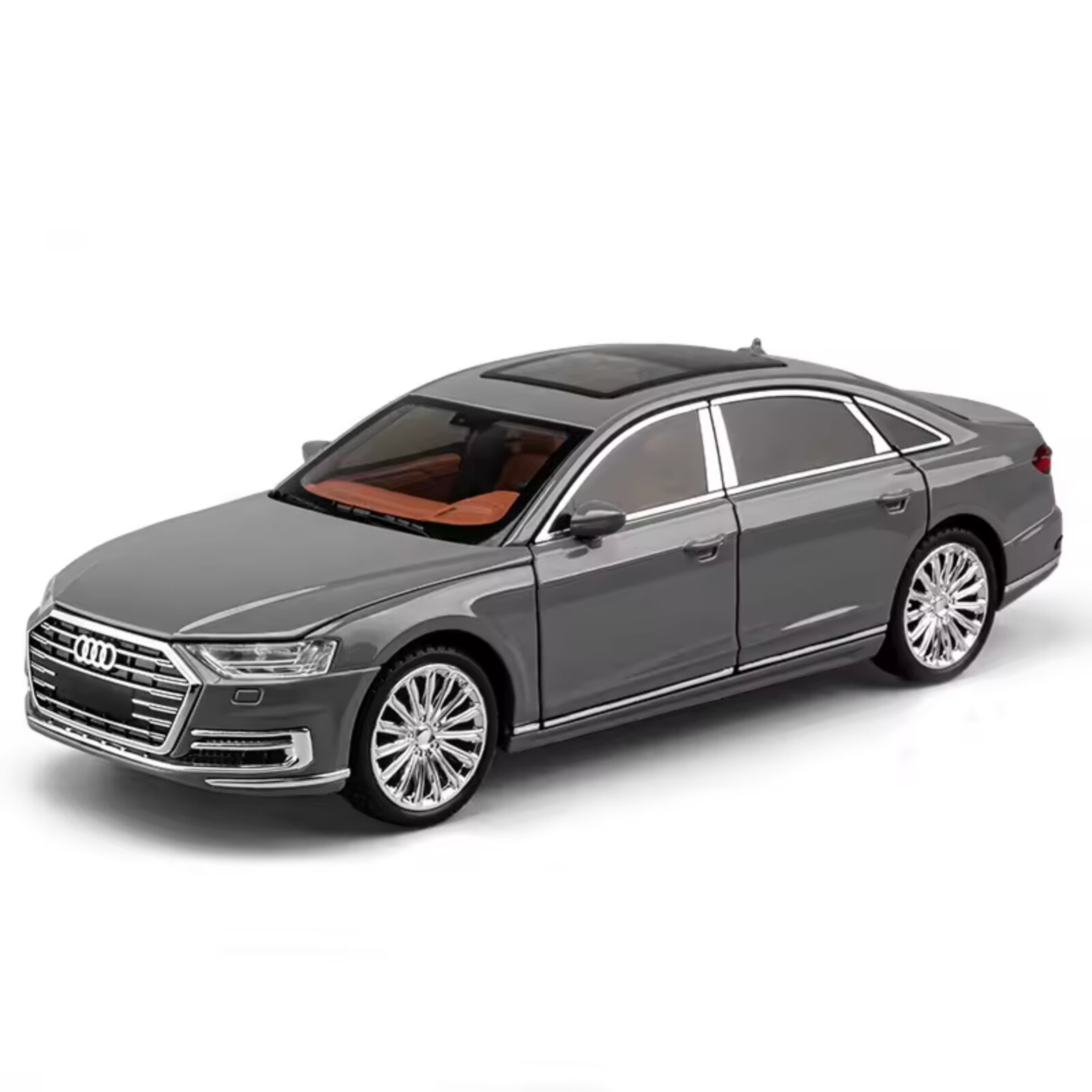 Игрушка автомобиль натяжной с звуком и светом Che Zhi Diecast 1:24 Audi A8, шесть дверей, черный/белый/серый, размер 21.5см*8.5см*6см, упаковка 24.5см*12.8см*9.5см, вес 512г, материал цинк-сплав/пластик/электронные компоненты/резина, для детей 6+ лет