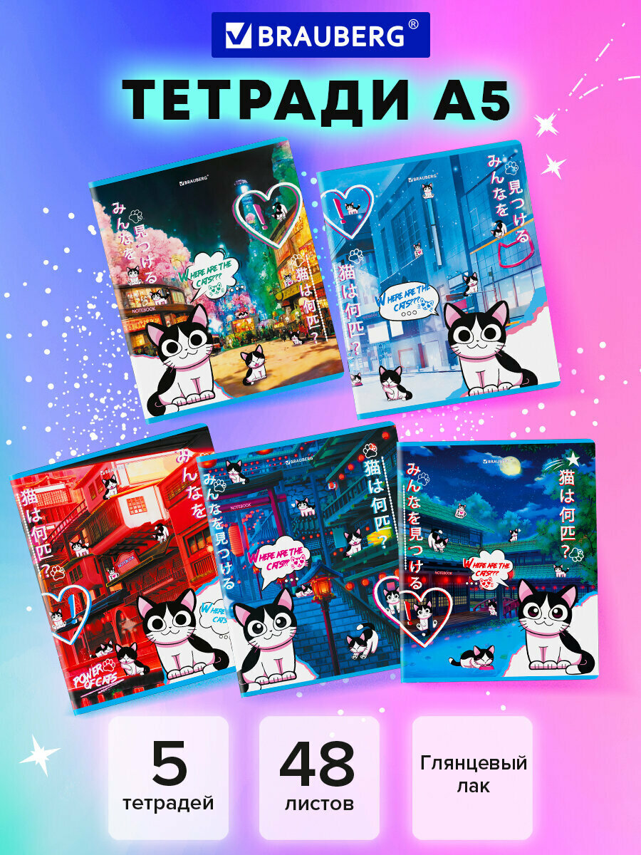 Тетрадь 48 листов в клетку для школы и записей набор 5 штук А5 Brauberg, скоба, матовая ламинация, лак, Аниме Кот, 404671