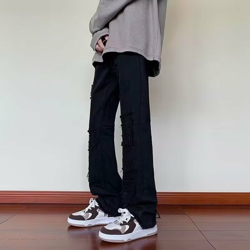 Тренд RONG CH Джинсы Мужские Расшитые Рваные Сырые Края Осенние Американские Атмосферные Премиум Узкие Деним, Размер_M