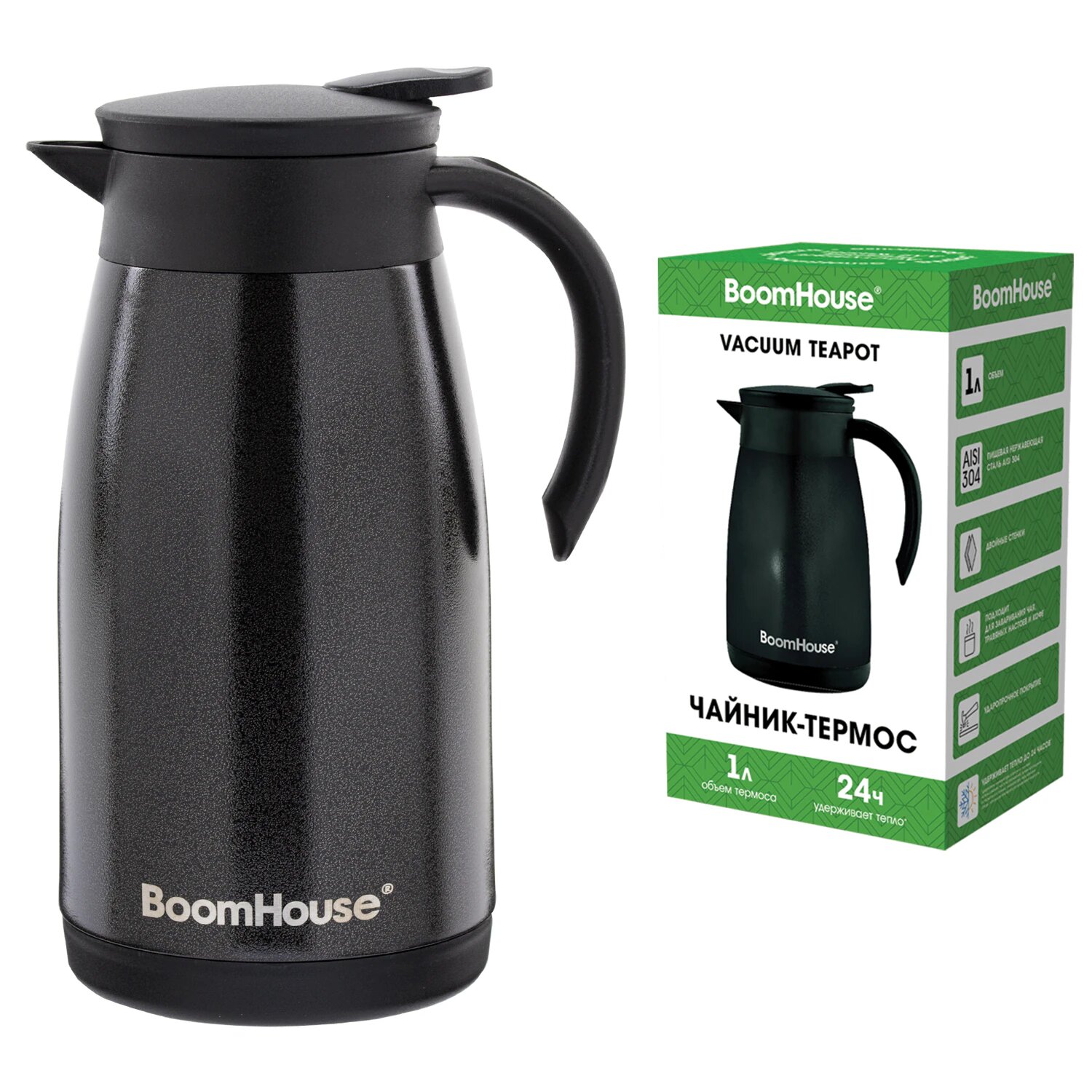 Комплектация 1 шт. Чайник-термос 1 л, BOOMHOUSE (бумхаус) COFFEE BREAK, нержавеющая сталь SUS304, черный, термочайник, 700328