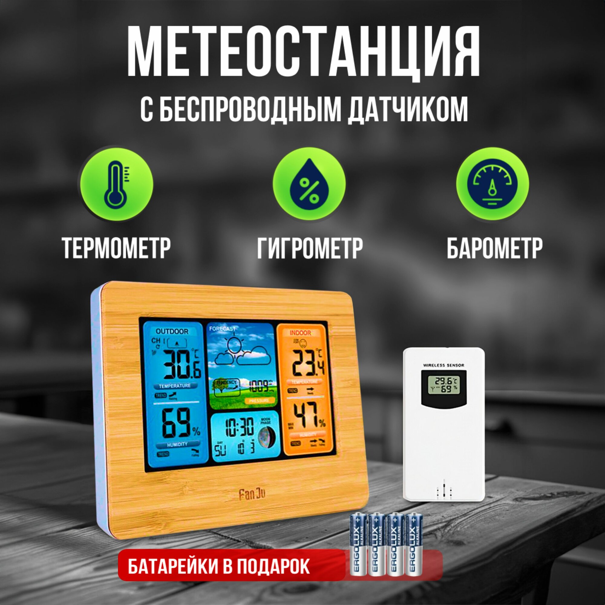 Двухзонная метеостанция. Погода, настольные часы, термометр, барометр, влажность, будильник.