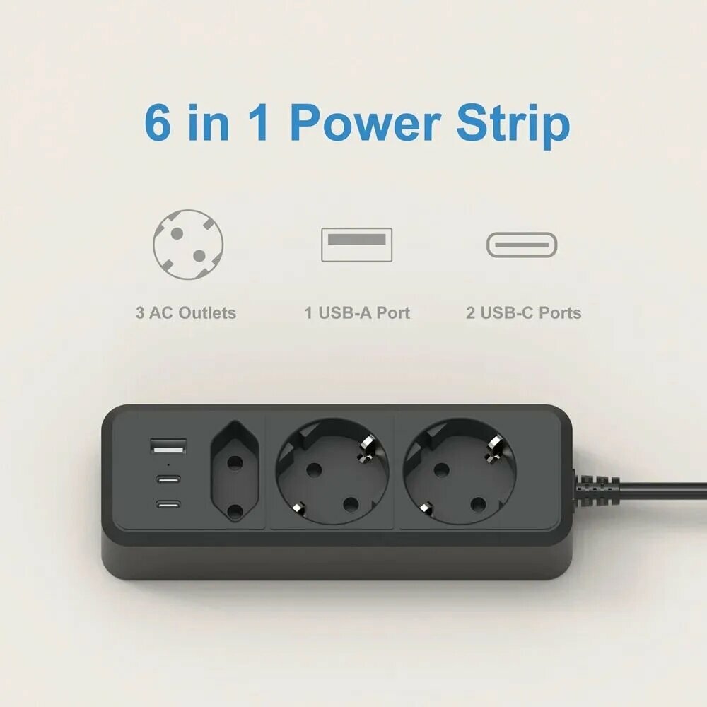 6 IN 1 2500W Удлинитель сетевой электрический бытовой с заземлением с выключателем 3 розетки, 1 с USB 2 Type-C 17W Fast Charging 1.5 м