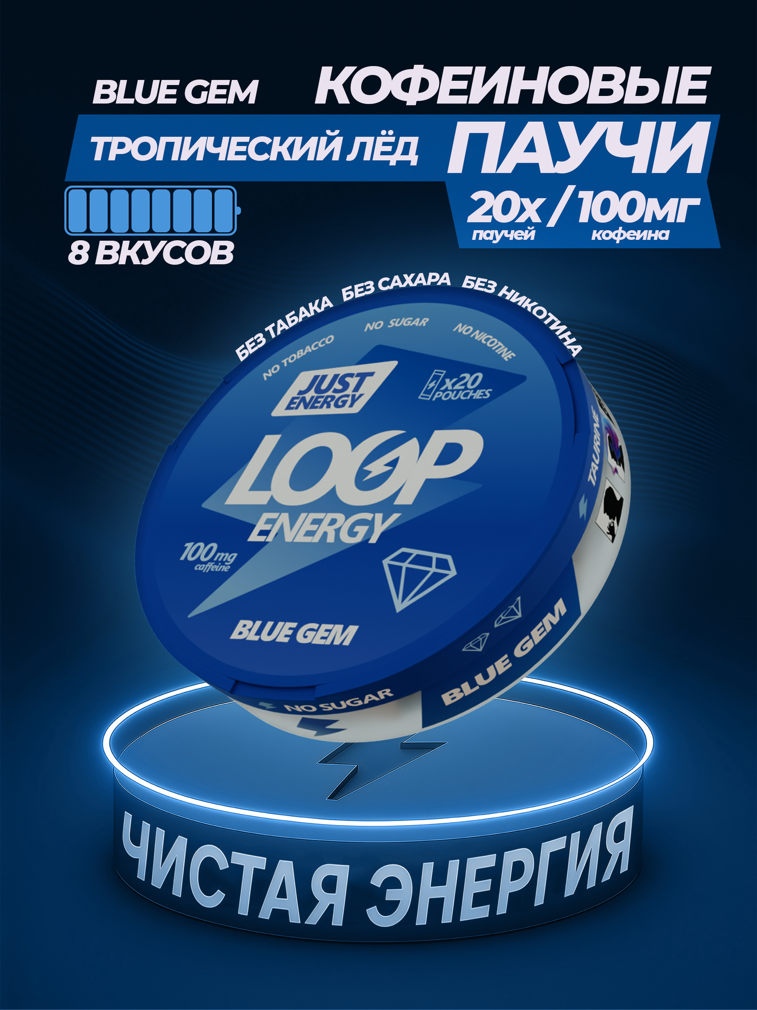 Кофеиновые энергетические паучи LOOP ENERGY BLUE GEM (тропический ЛЁД)