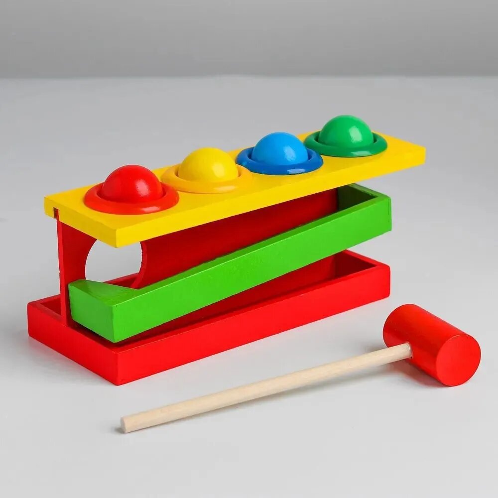 Стучалка на прямоугольном основании Лесная мастерская, с 4 шариками, спуском и молоточком