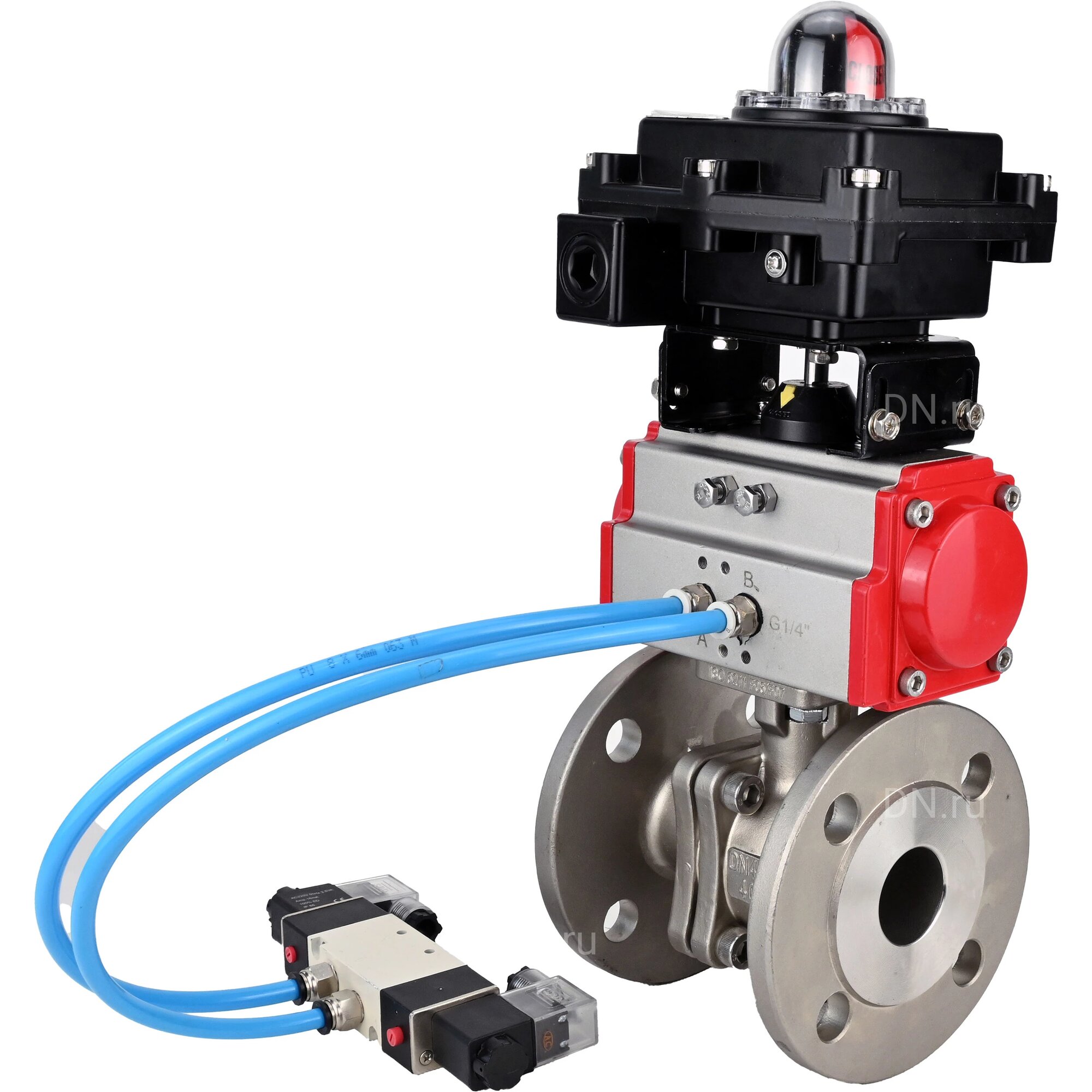 Кран шаровой DN.ru кшфп 316.200 Ду20 Ру40, полнопроходной фланцевый, нержавеющая сталь SS316, уплотнение - PTFE, с пневмоприводом SA-083 с возвратными пружинами, с пневмораспределителем PND1-S2EM-52-2-T10-220VAC, с БКВ LSB-410-02ExM12-250