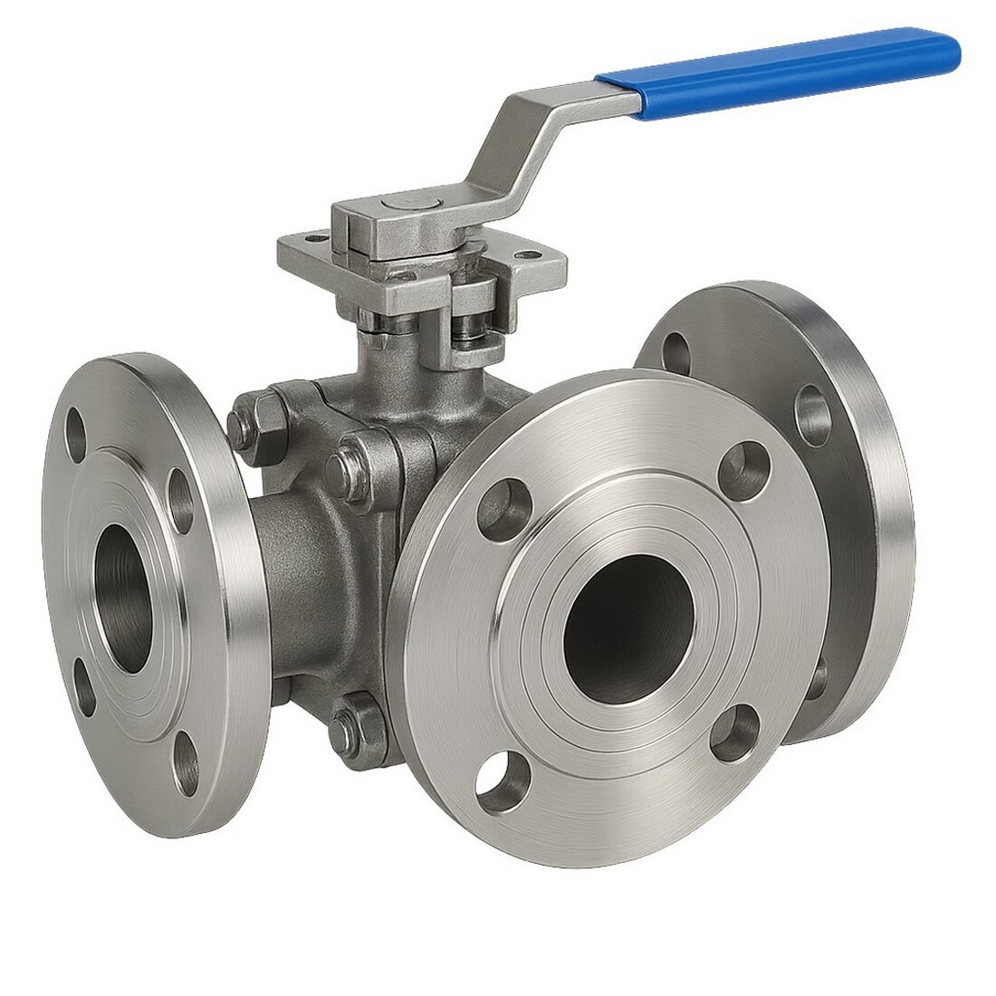 Кран шаровой DN.ru 316-316-PTFE-FP-3L-F-ISO-H Ду50 Ру16 HYMT, трехходовой L-тип, полнопроходной, фланцевый, материал корпуса - нержавеющая сталь SS316, с ISO фланцем и рукояткой