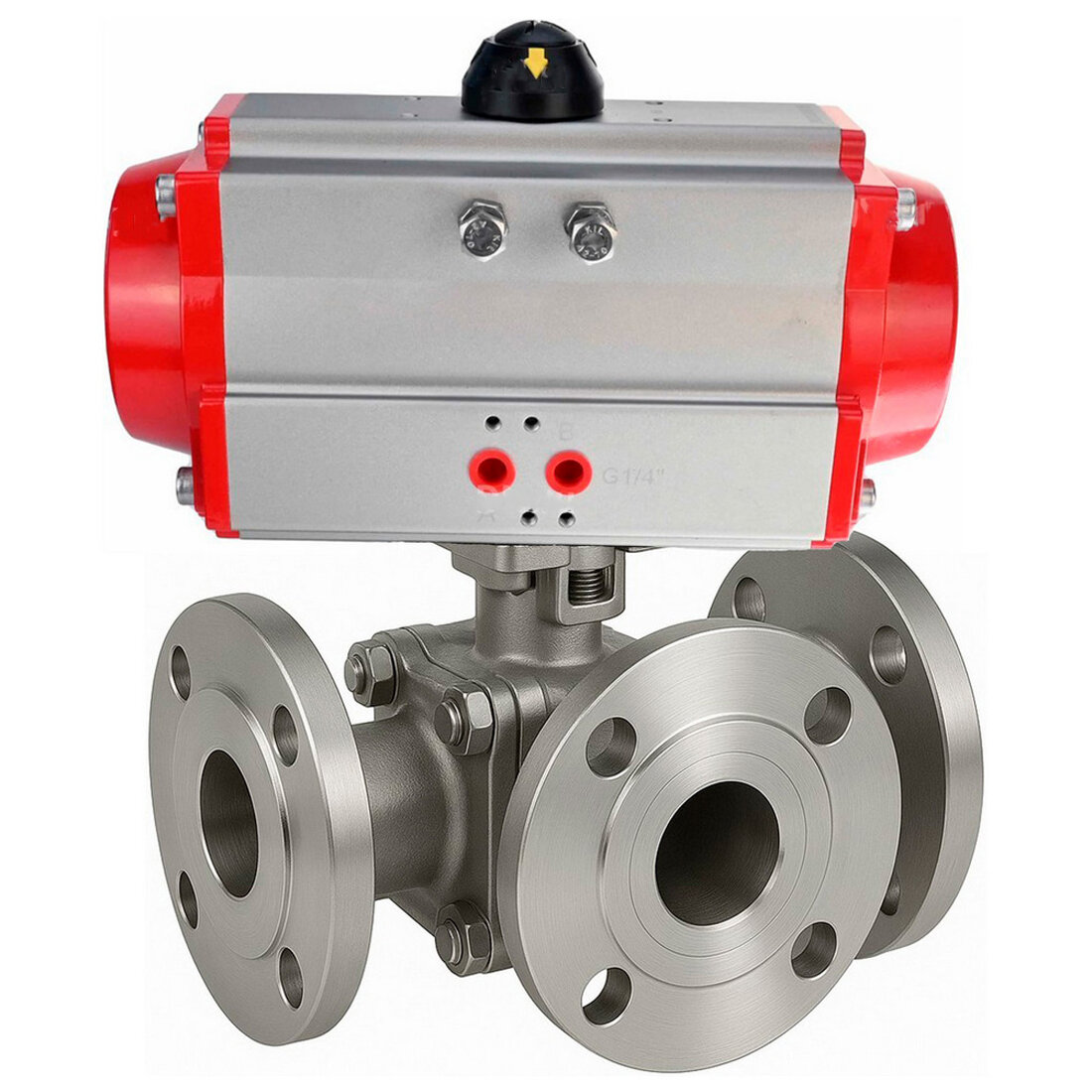 Кран шаровой DN.ru 316-316-PTFE-FP-3L-F-ISO-H Ду20 Ру16 HYMT, трехходовой L-тип, полнопроходной, фланцевый, корпус - нержавеющая сталь SS316, с пневмоприводом DA-052 двойного действия (опрессовано)