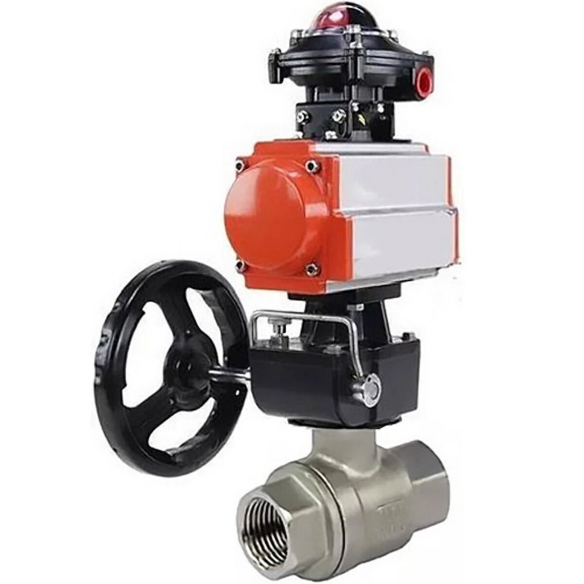 Кран шаровой DN.ru кшмп.316.230-ISO Ду32 Ру63 полнопроходной, внутренняя резьба, нержавеющая сталь 316, уплотнение - PTFE, с пневмоприводом DA-052, БКВ LSB-210-02NM12-220/24, ручным дублером HDM-1