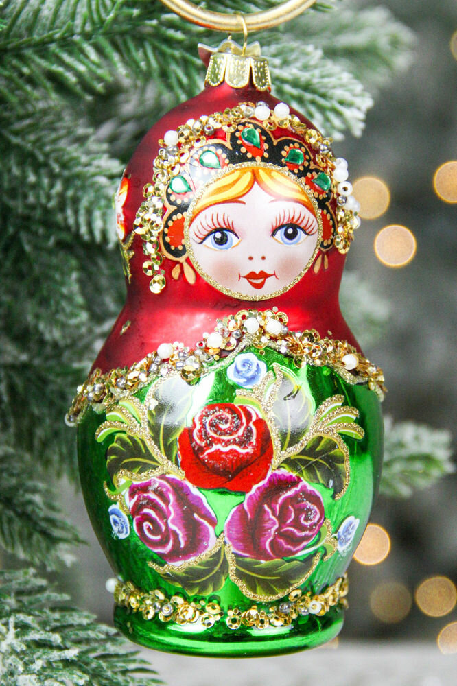 Ёлочная игрушка матрёшка - цветочный узор, стекло, зелёная, 12 см, Kurts Adler NB1605-3