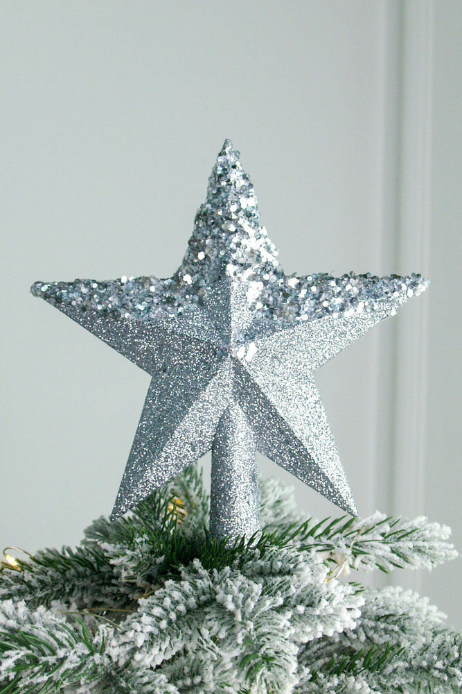 Елочная верхушка звезда серебряная с декором, пластик, глиттер, бисер, 19 см, Kaemingk 029053