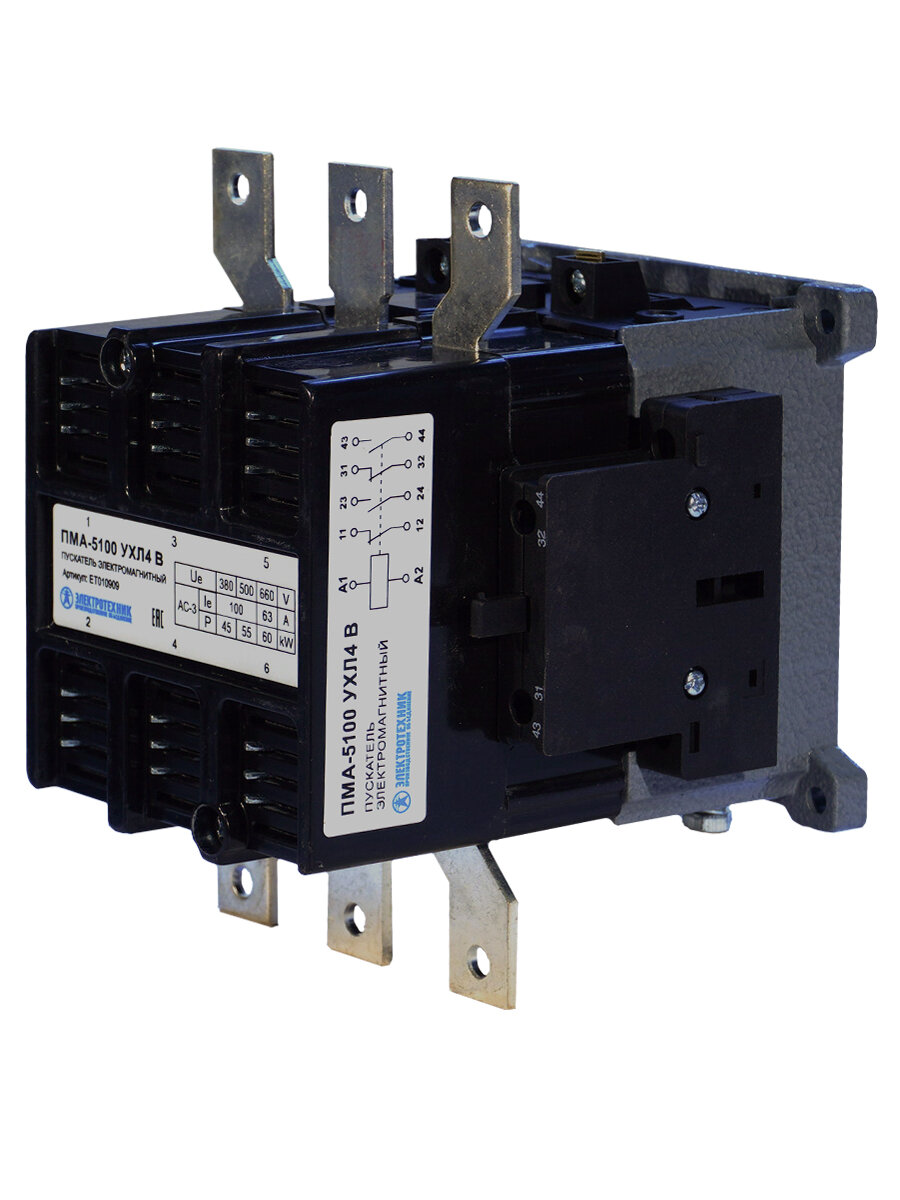 Пускатель электромагнитный Электротехник пятиполюсный, 100 А, катушка 380 В, 2з+2р, нереверсивный, без реле, IP00