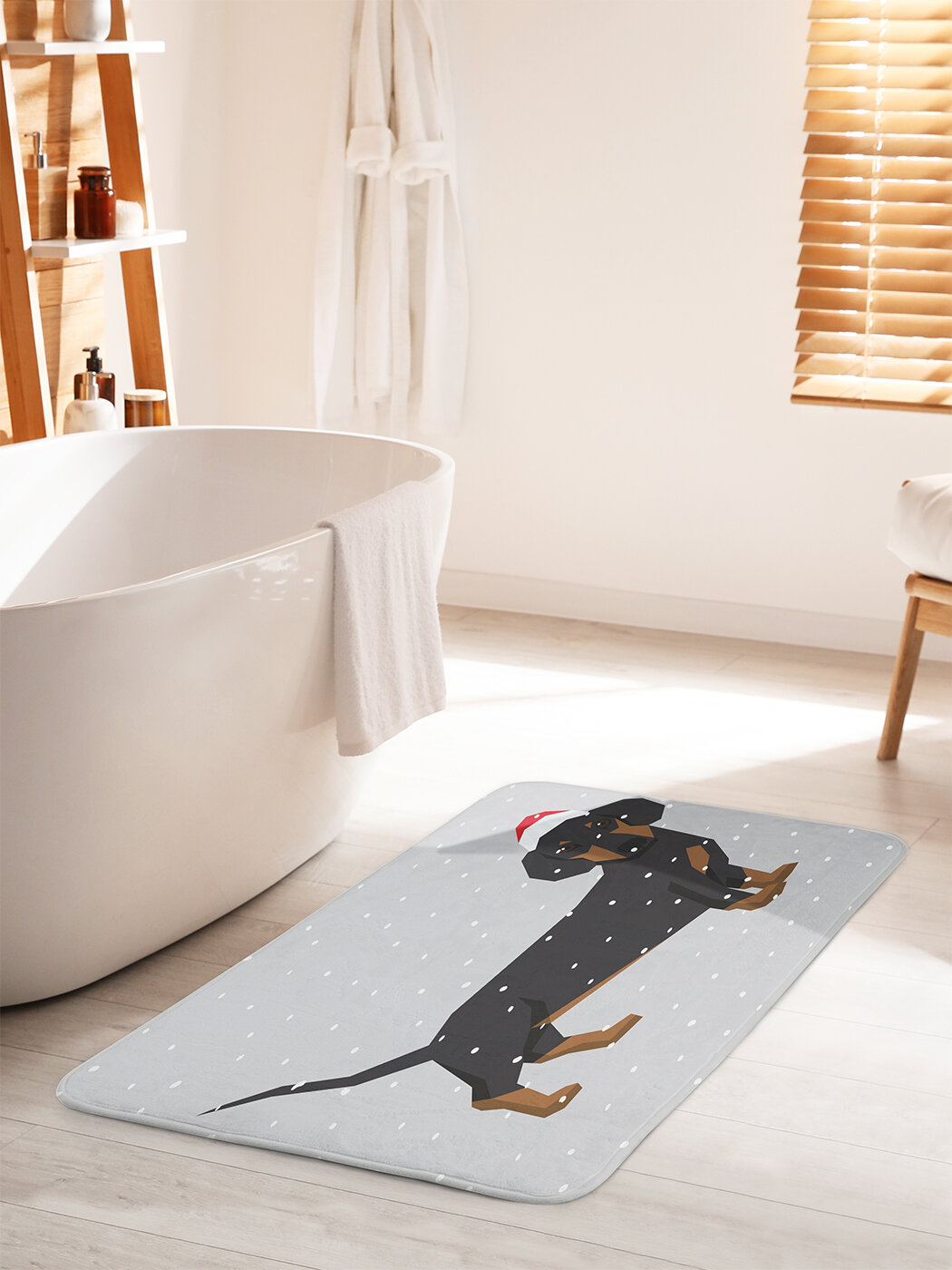 Коврик для ванной комнаты и туалета противоскользящий "Такса в чепчике зимой" 60х100 см, JoyArty, серия Новый год