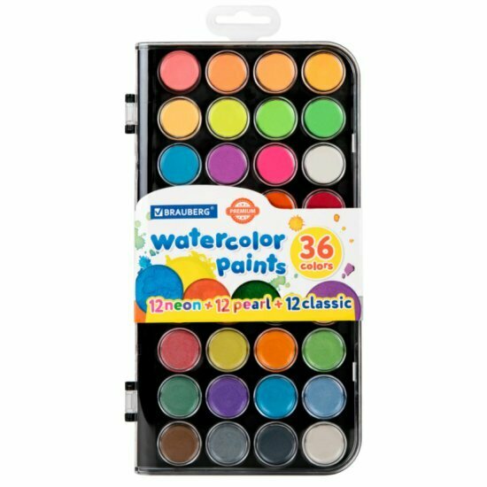 Краски акварельные Brauberg "PREMIUM" 36 цветов (12 базовых + 12 неоновых + 12 металлик) пенал, 191807 (191807СН)