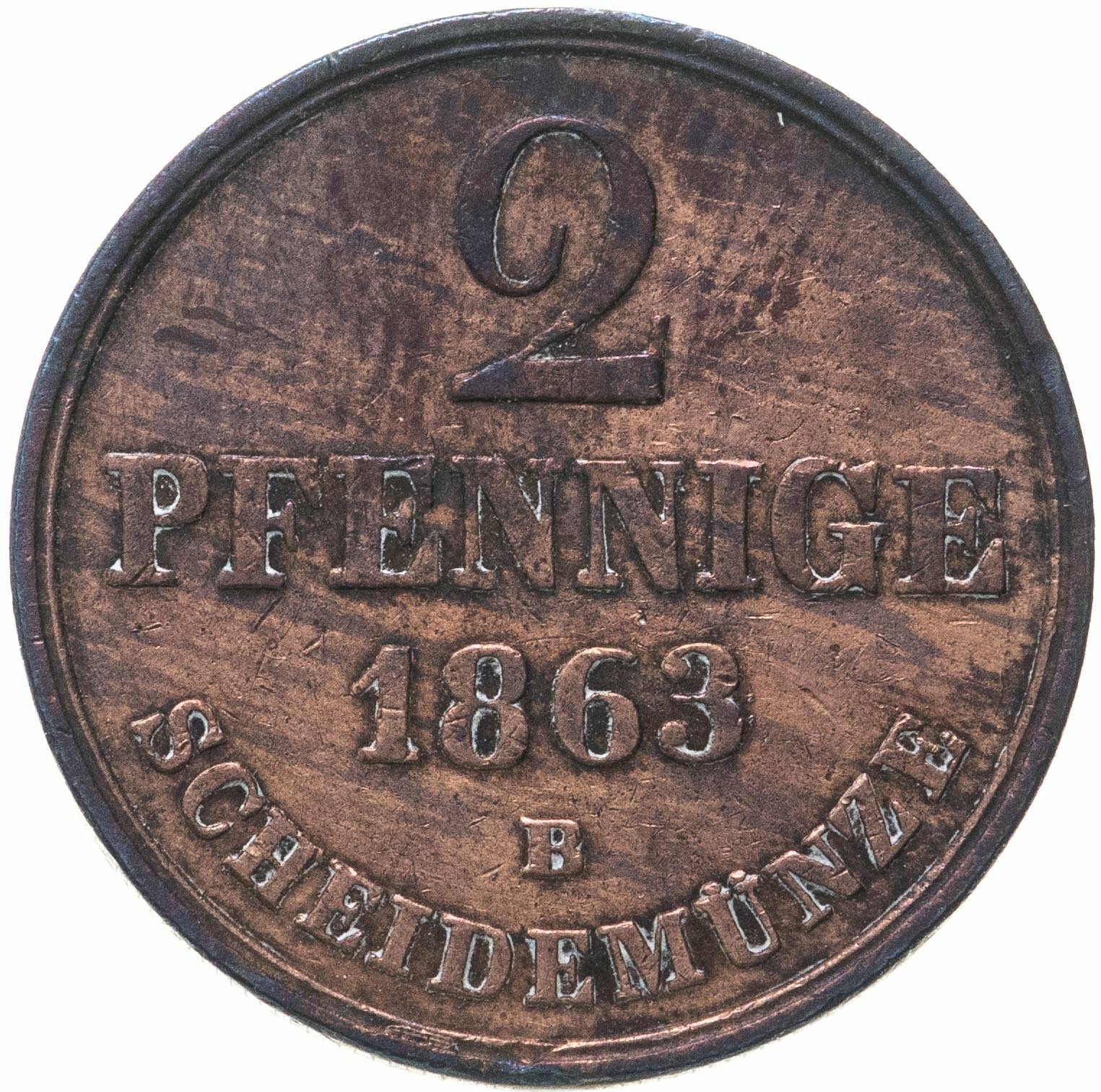 Германия, Ганновер 2 пфеннига 1863, Медь, в сохранности VF