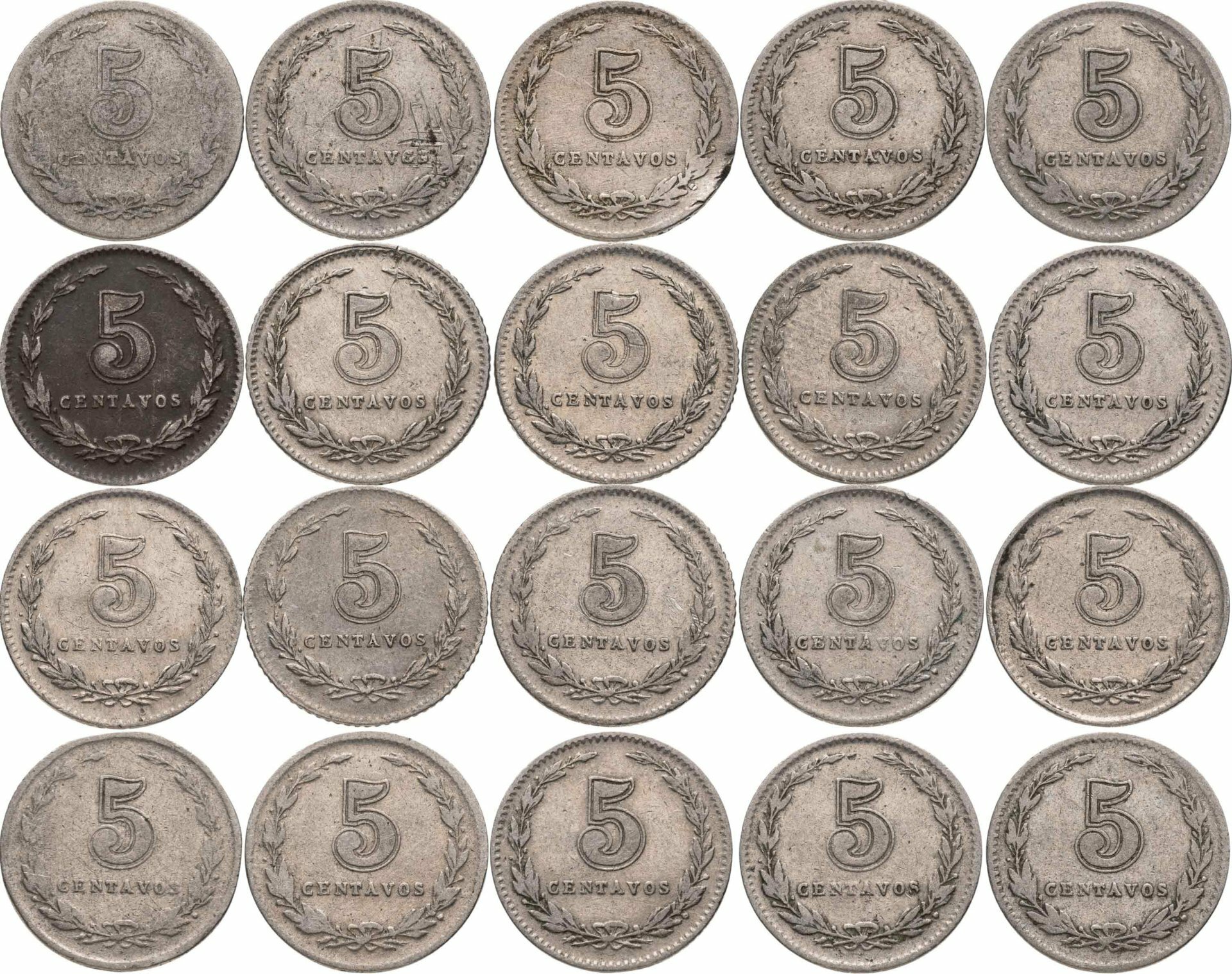 Аргентина набор монет 5 сентаво 1920-1942 20 штук, кроме 1931 и 1934 годов, Мельхиор медь-никель, в сохранности VF-XF
