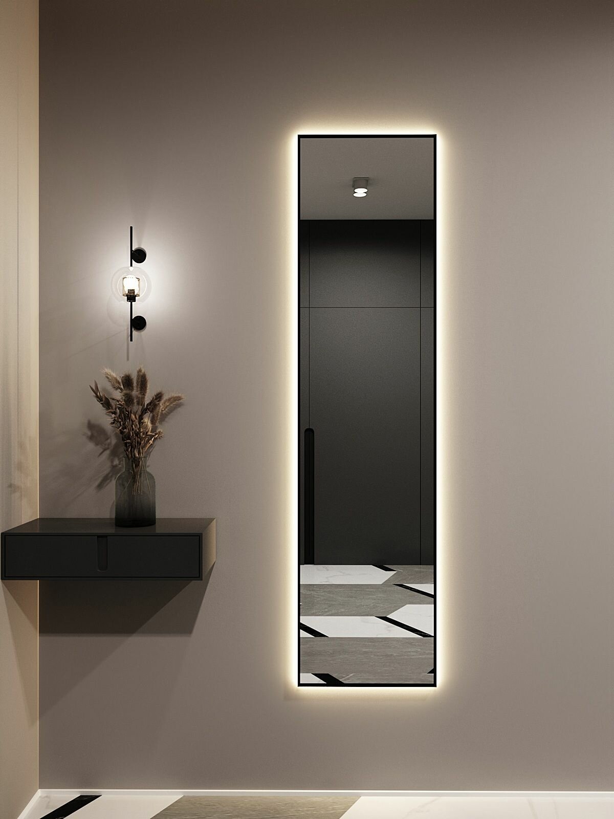 Зеркало настенное 160х40 см черное с подсветкой Свет: Нейтральный белый 4500К В алюминиевой раме интерьерное BLX MIRROR