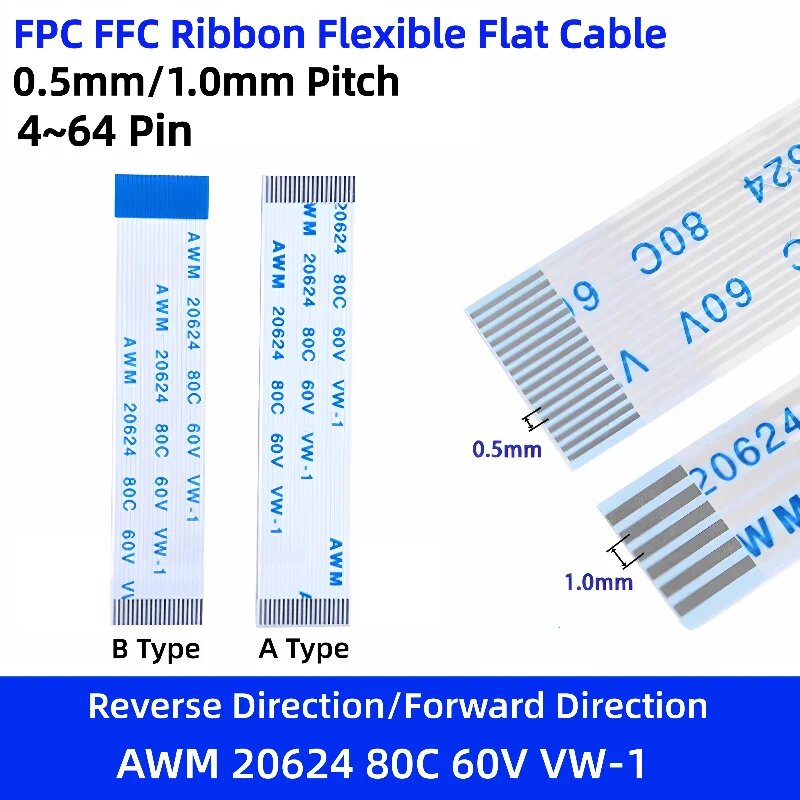 FFC ленточный гибкий плоский кабель AWM 20624 40 Pin, Reverse Direction, 0.5mm Pitch, Length 5cm