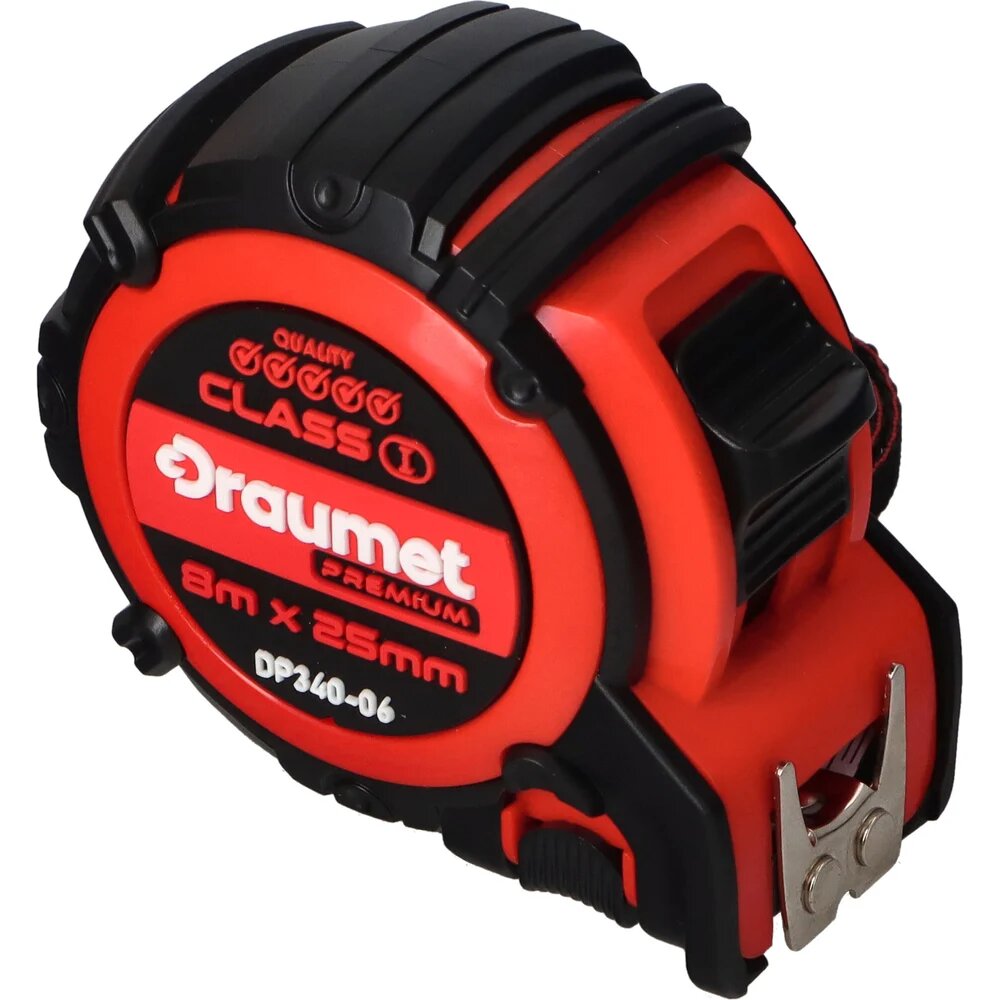 Рулетка обрезиненная DRAUMET PREMIUM 8 м x 25 мм DP340-06 ABS‑корпусная конструкция, двойной зацеп с магнитом