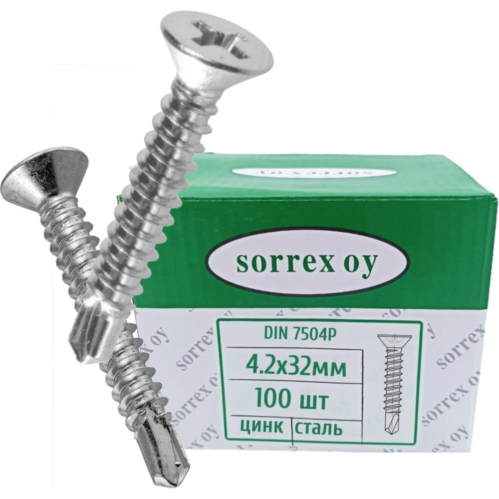 Саморез по металлу с потайной головкой SORREX 4,2x32 DIN 7504P оцинкованный со сверловым наконечником (100 штук) 7504P-1-042-032-100