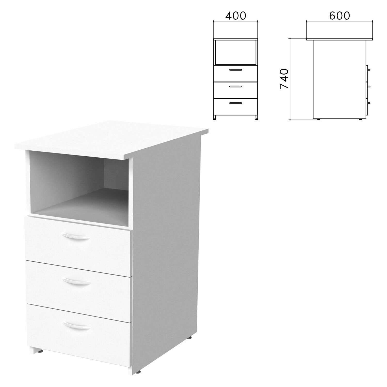 Тумба бюджет приставная "Бюджет", 400х600х740 мм, 3 ящика, полка, белый