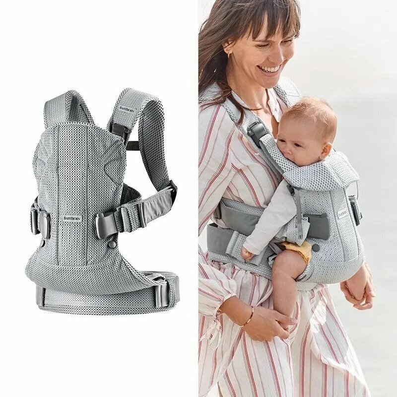 Эргорюкзак BabyBjorn One Air с сеткой 3D для младенцев от 0 до 3 лет, светлосерый цвет, 4 положения