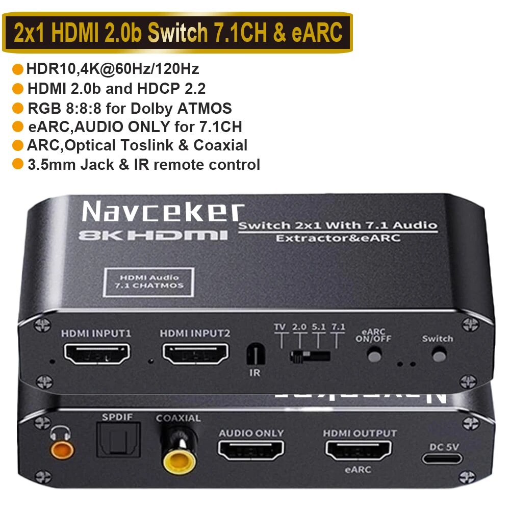 Navceker 4K HDMI переключатель аудио экстрактор 2 в 1