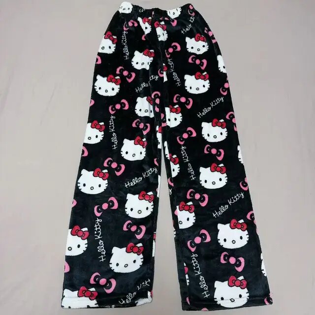 Пижама из фланели Sanrio Hello Kitty, рождественская модная теплая плюшевая пижама, повседневные домашние штаны с мультяшным рисунком, осенне-зимние штаны для сна.