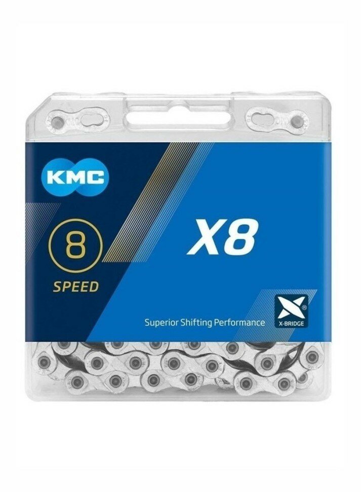 Цепь велосипедная KMC - X8 1/2"x3/32", 114 звеньев, 7/8 скоростей, серебристая