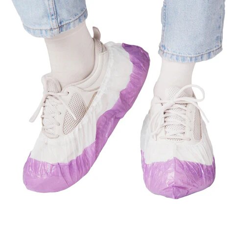 Бахилы двойные, комплект 100 шт. (50 пар), экстра, 39х14 см, 32 мкм, 3 г, бело-фиолетовые, ELEGREEN, ПНД-8/8/1р-Б-Ф: 10 комплектов