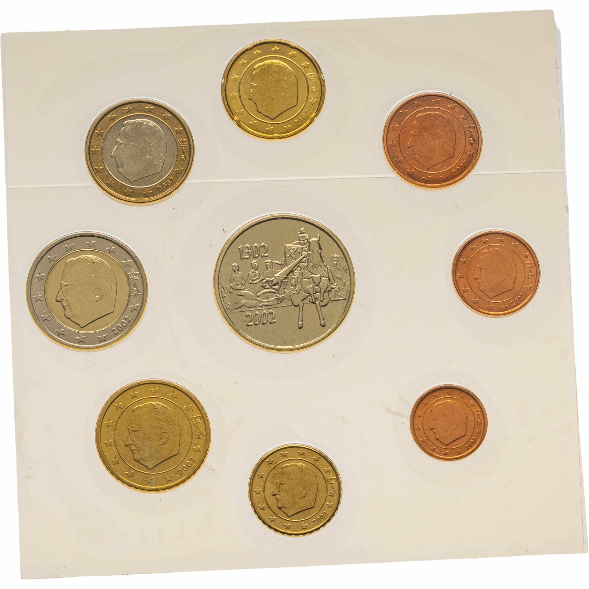 Бельгия полный годовой набор из 8 монет евро 2002 с жетоном "700 лет Битве при Куртке", Биметалл, в сохранности UNC