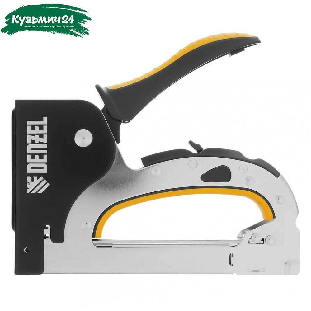 Степлер мебельный Denzel 40211, тип 53, 4-14 мм, стальной корпус, регулировка силы удара, быстрая загрузка