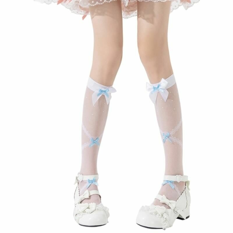 Женские прозрачные гольфы с бантом, Синее на белом