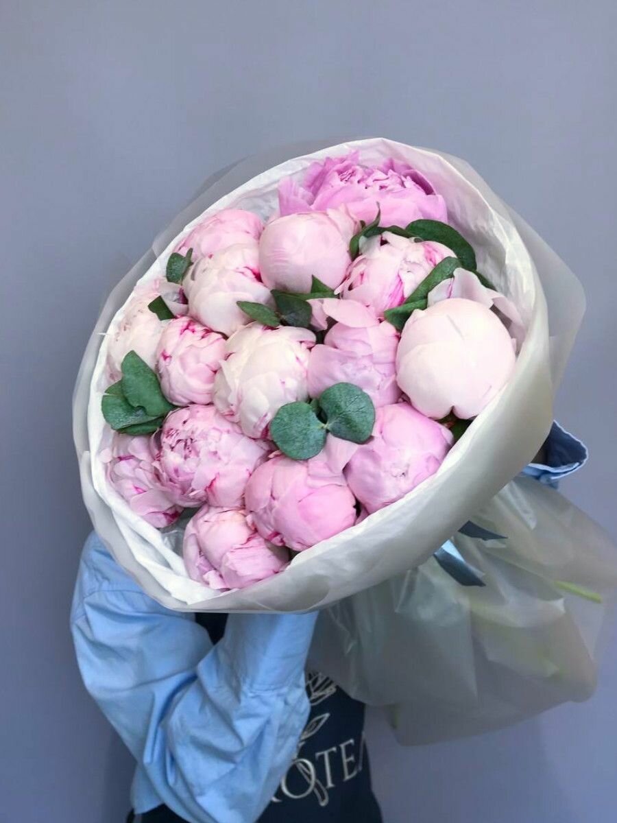 Букет пионов "Сара Бернар" с эвкалиптом 15 шт. "Очарование" PROTEA- Студия Цветов