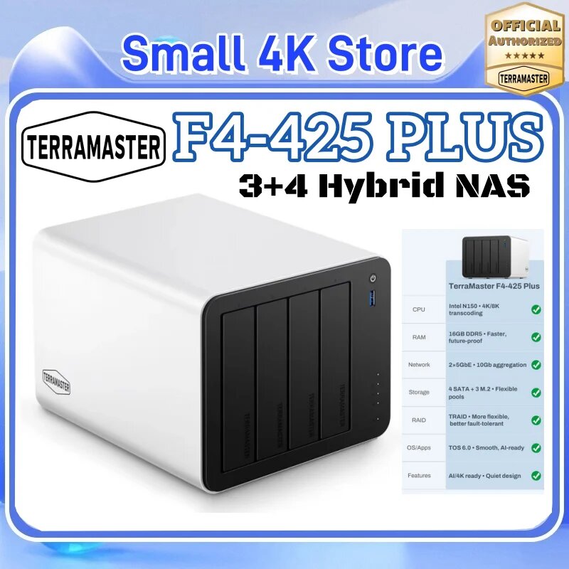 TERRAMASTER F4-425 Plus 4-отсека NAS Storage N150 Четырехъядерный процессор, 16 ГБ ОЗУ, сетевое хранилище отличаются (без дисплея)