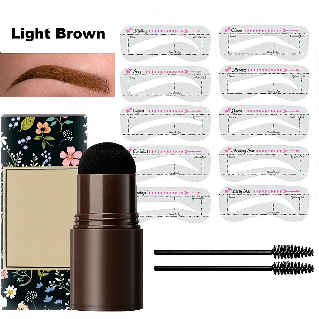 Набор для бровей с оттиском и трафаретами One Step Brow Stamp Shaping Kit, водостойкий, с 10 многоразовыми трафаретами для бровей, Natural Brown, Dark Brown, Light Brown