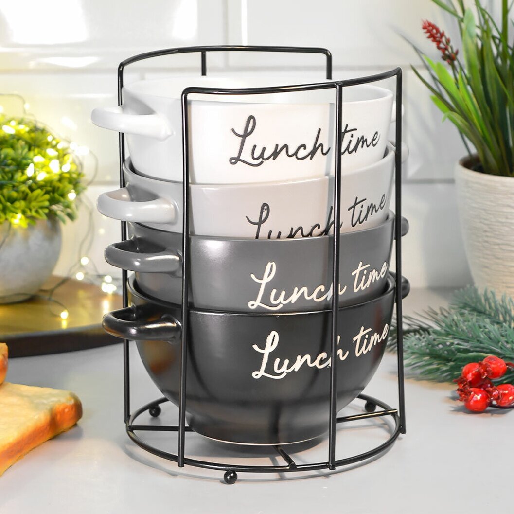 Набор бульонниц 4 предмета 650мл на подставке "Время ланча"