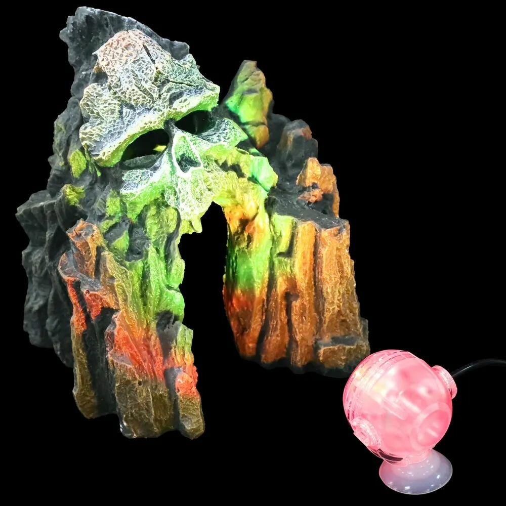 Аквариумное украшение пещера из смолы с черепом и монохромной подсветкой