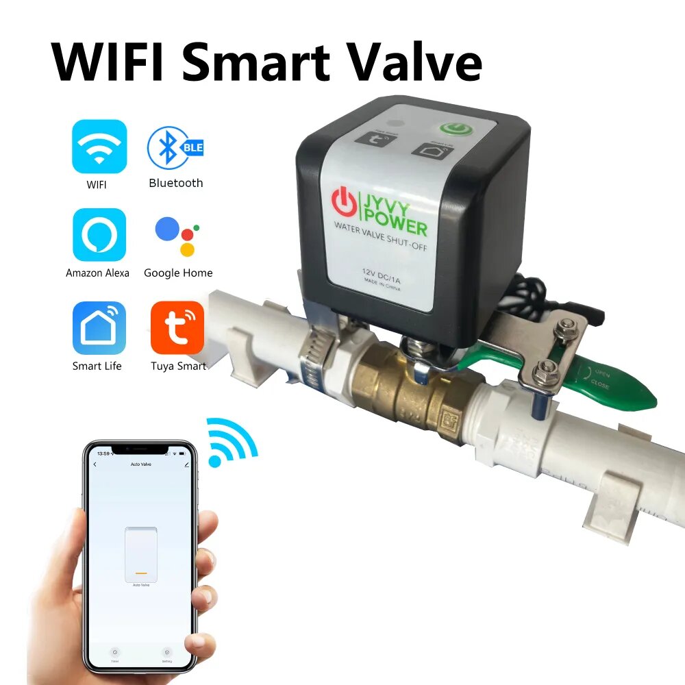JYVY POWER WiFi/Bluetooth Умный манипулятор водяного клапана с прочным металлическим редуктором, умный контроллер шарового клапана, совместим с Alexa и Google, работает на 2.4 ГГц, хаб не требуется.
