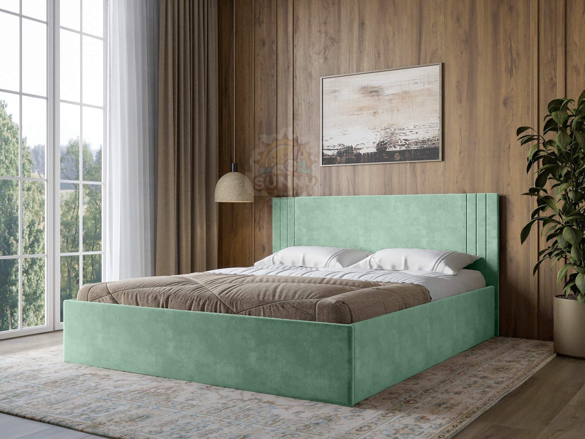 Двуспальная кровать Венеция 200х190 см, с подъемным механизмом, ортопед осн, ЛДСП (Teddy 337 Мятный)