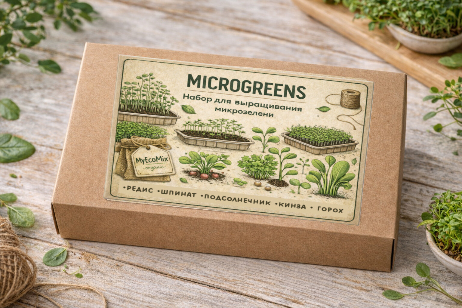 Набор для выращивания Микрозелени 5 в 1 (Горох/Кинза/Шпинат/Редис/Подсолнечник)