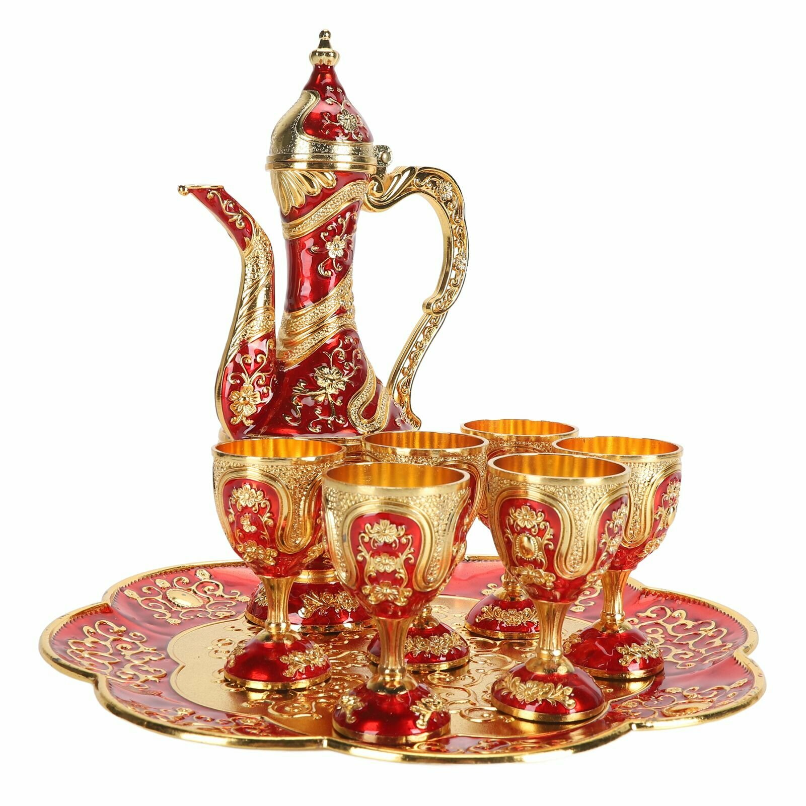 Винтажный турецкий чайный сервиз, многофункциональный чайный горшок из цинкового сплава, набор чашек с чайным подносом для вечеринки, дня рождения, прополки, золотой и красный