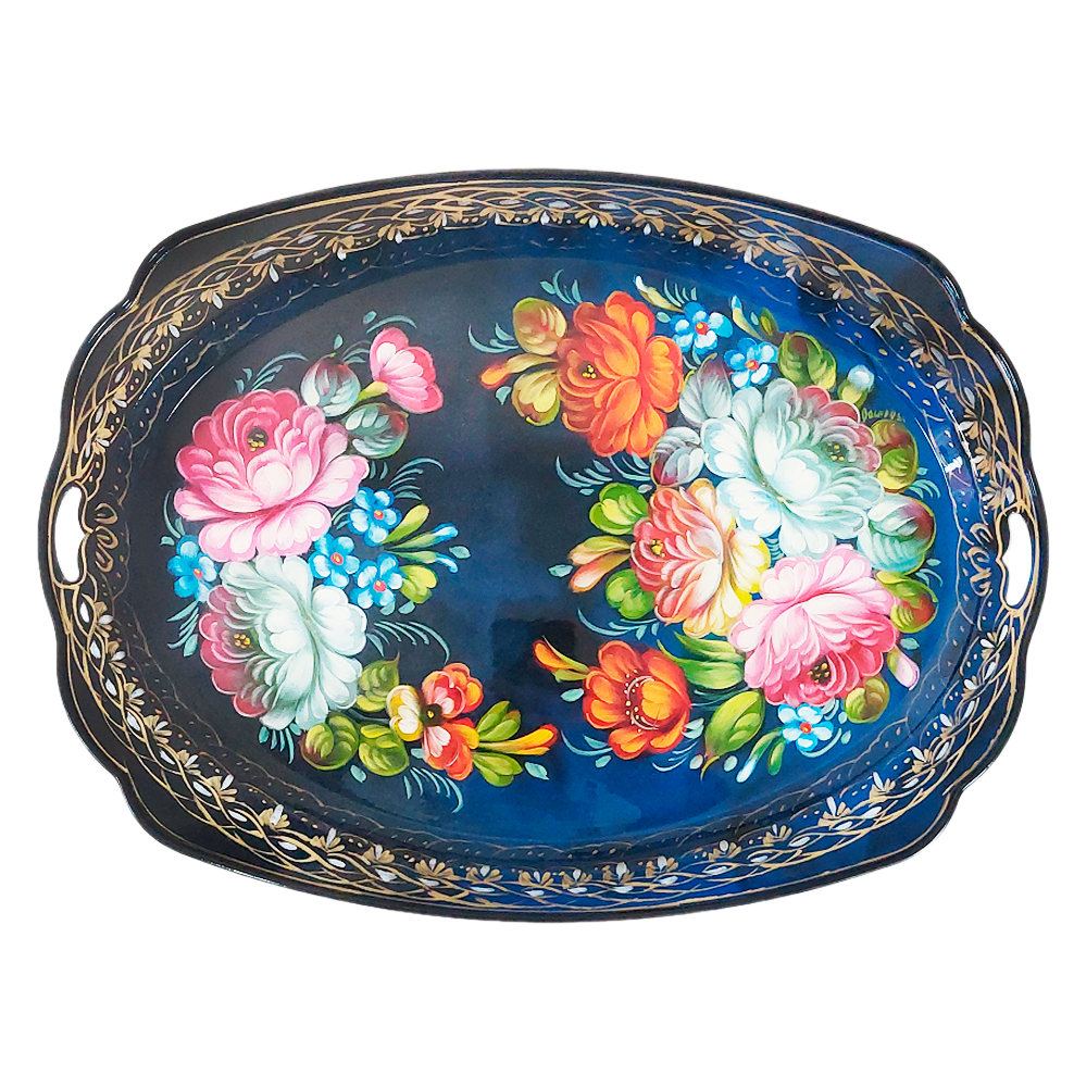 Поднос металлический, овальный "Радужные пионы", жостово 40 см, (Ручная роспись)