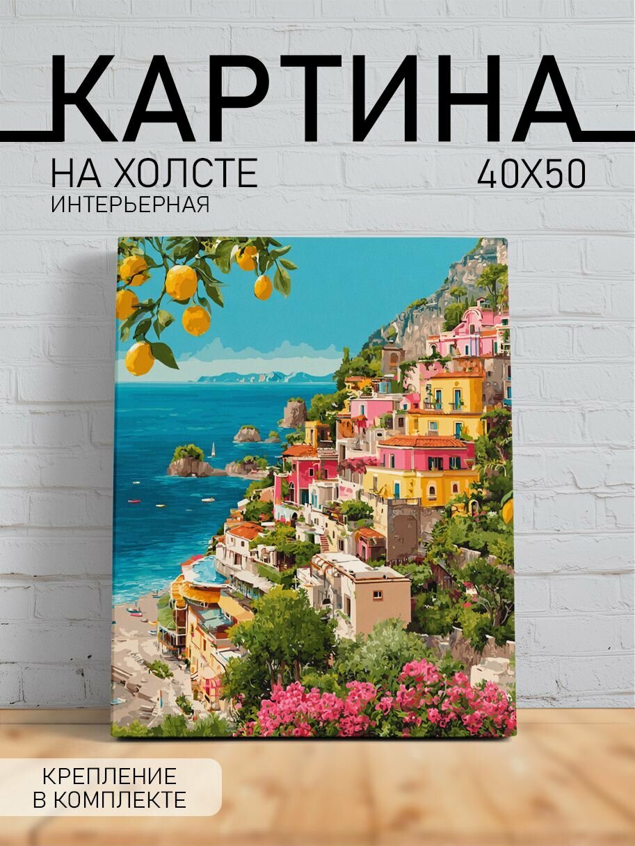 Картина на стену для интерьера на холсте с подрамником "Живописный вид. Море. Лимоны", 40х50 см