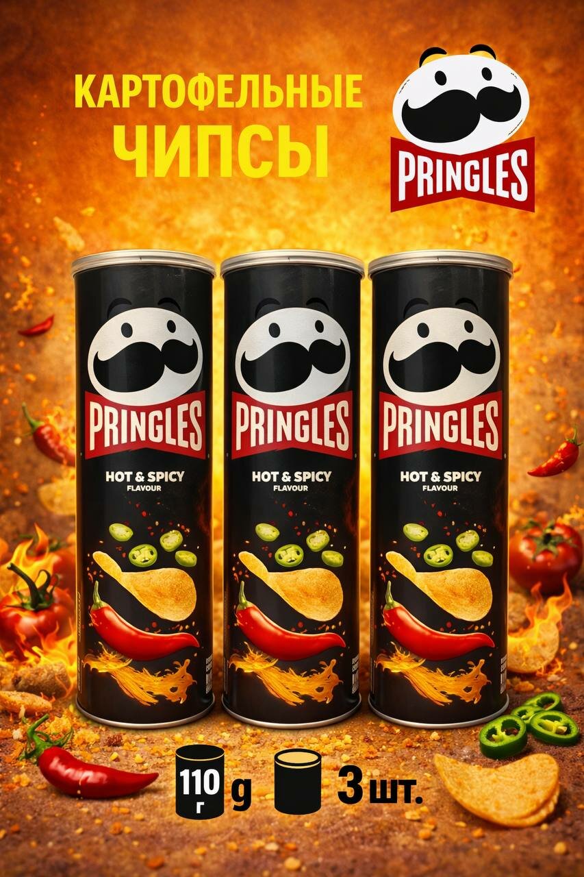 Чипсы картофельные Pringles Hot & Spicy Flavour Принглс Острый картофель, 3 шт * 110 г, Китай