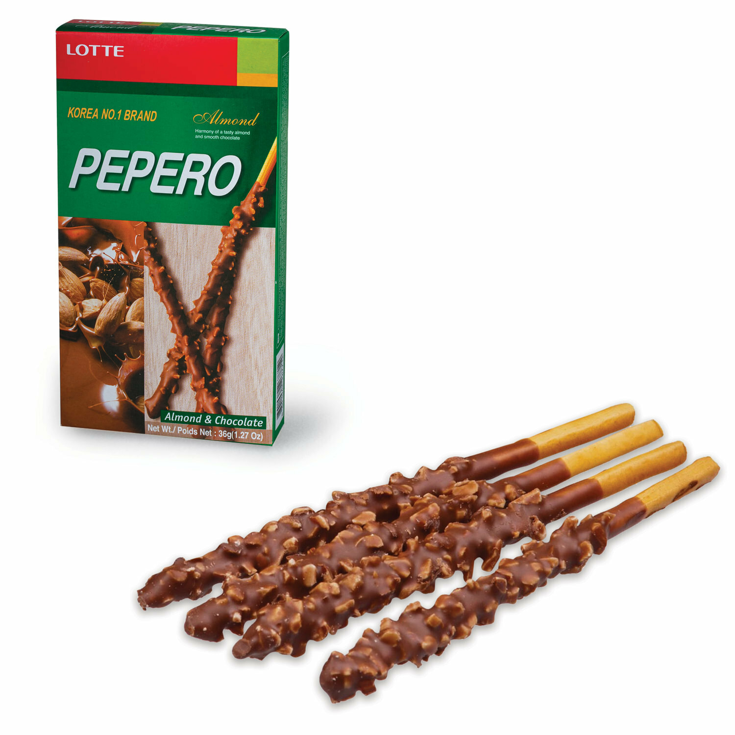 Печенье-соломка LOTTE "Pepero Almond", в шоколадной глазури с миндалем, в картонной упаковке, 36 г, Корея, 62004MO (4 коробки)