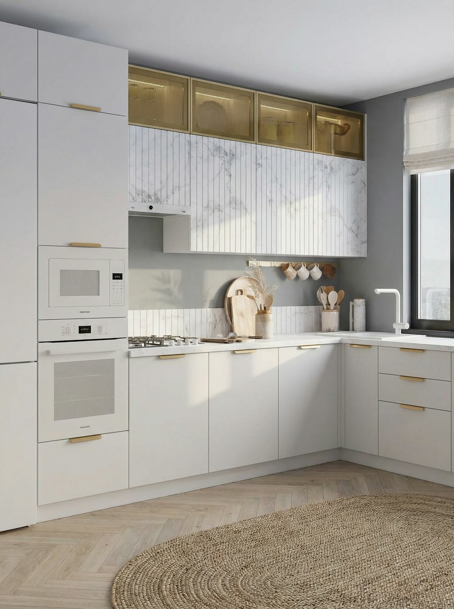 Кухонный гарнитур Рашель №1 3х1,65м МДФ белый/золотой мрамор со столешницей