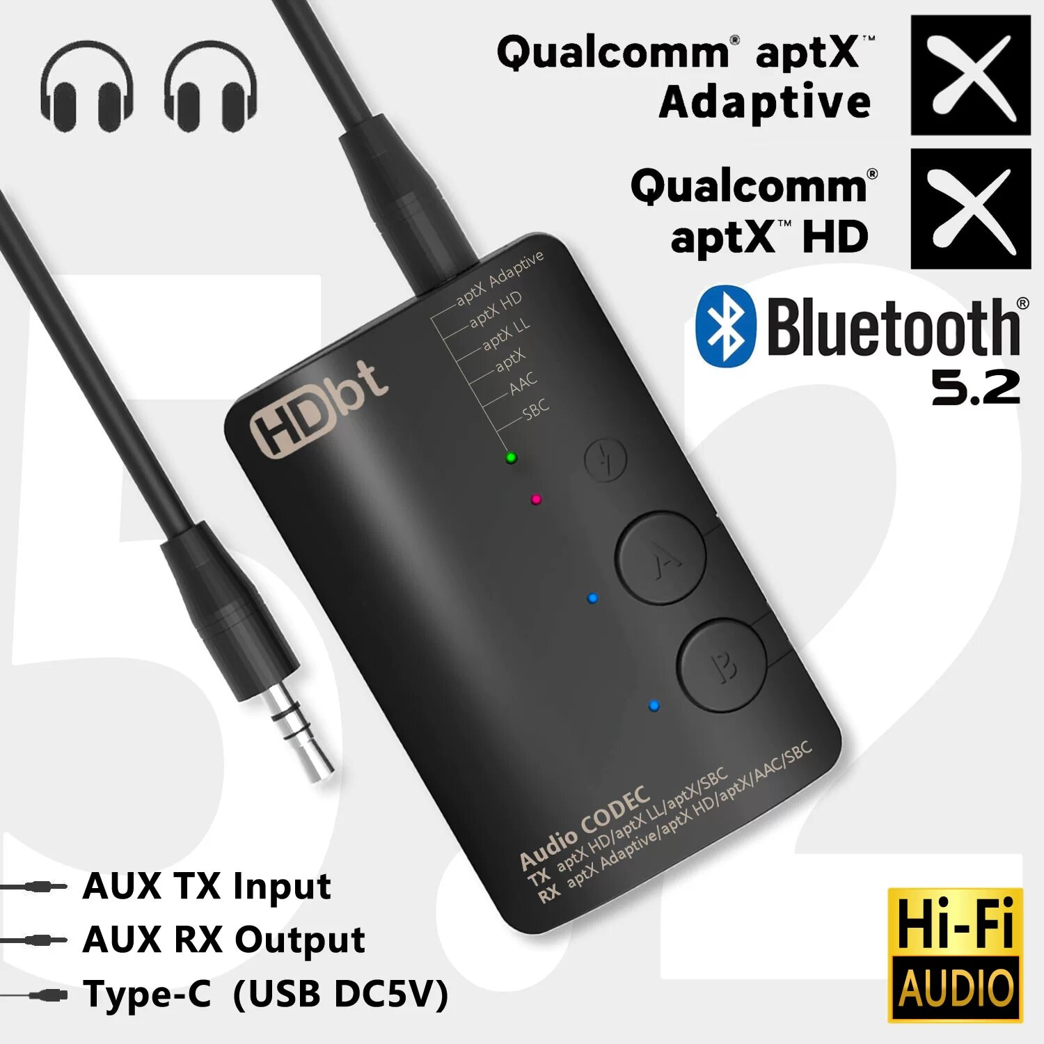 Bluetooth 5.2 Аудиоадаптер с технологией Adaptive APTXHD LL для высококачественного беспроводного воспроизведения B20Go
