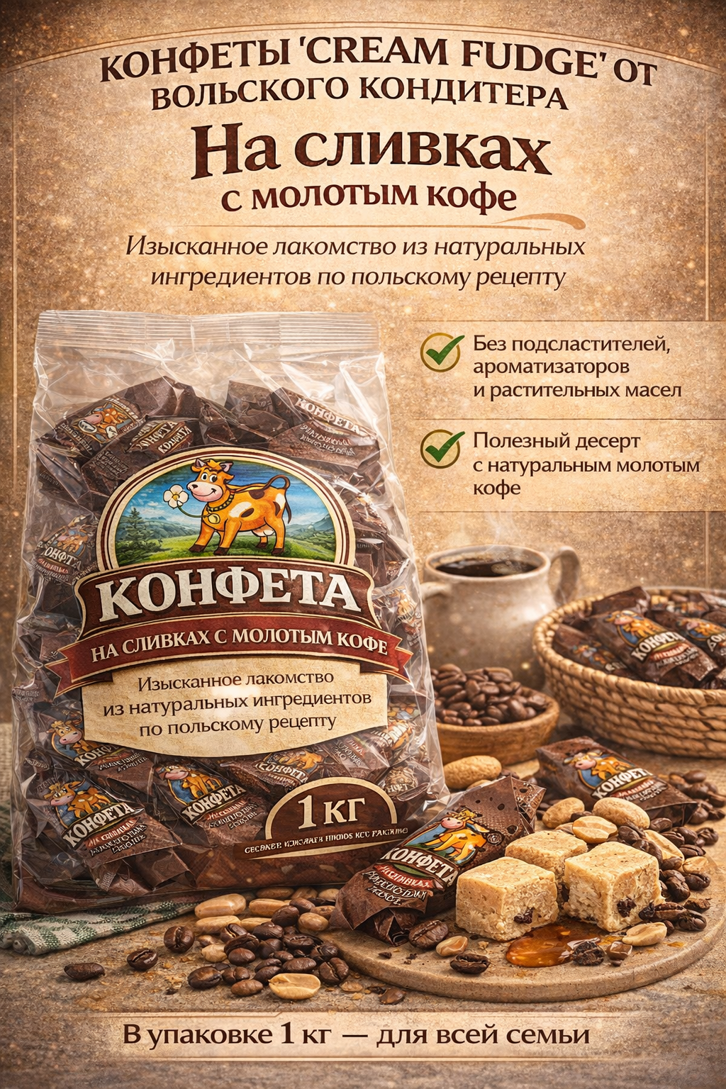 Конфеты "Cream Fudge" Вольский кондитер, кофейный вкус, помадные