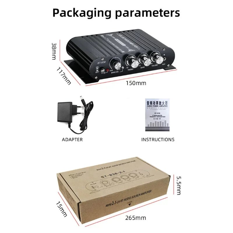 Усилитель звука Bluetooth 5,0, динамики, 2,1-канальные усилители мощности, цифровой EU power adapter
